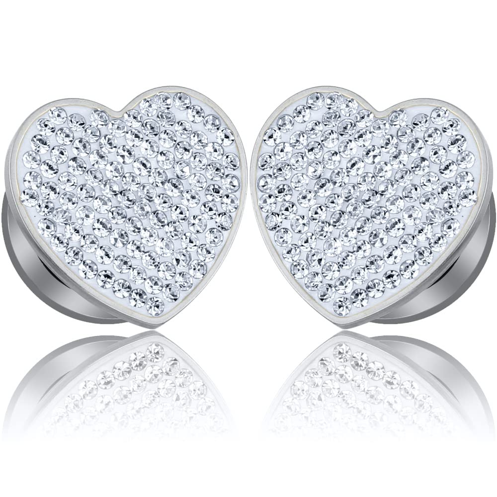 LADEMAYH 2 PCS Heart With Rhinestones Ear Plugs Tunnels Gauges for Women - Silver Stainless Steel 316L Body Piercing Basic Earrings for Stretched Earlobe 16mm=5/8"