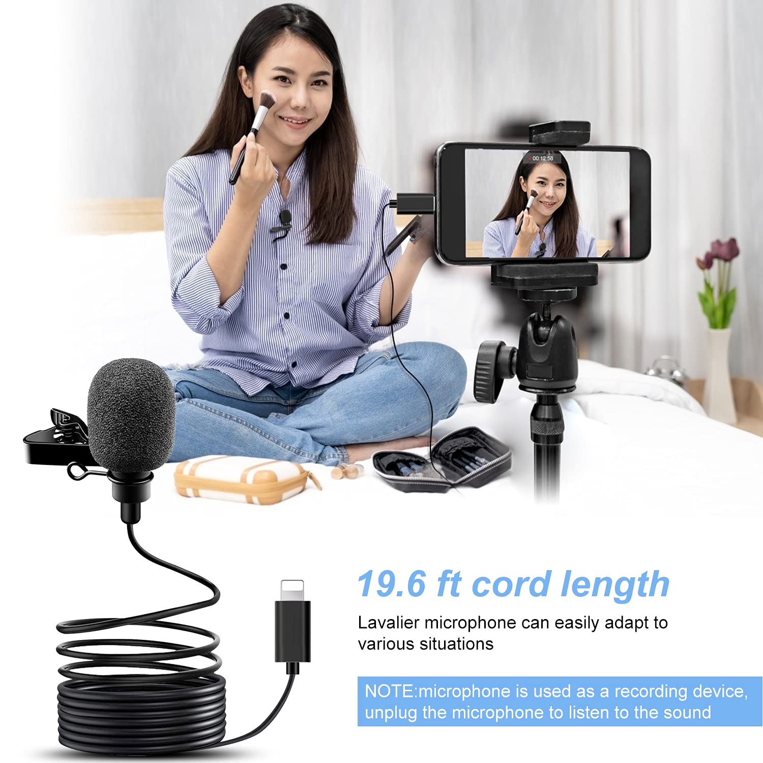 Lapel Microphone for iPhone,Professional Lavalier Omnidirectional mic Compatible with ipad,Easy to Use Recording YouTube Video,Interview,Conference(19.6 ft)