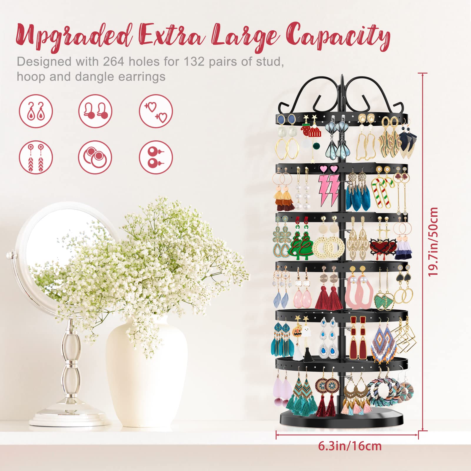 iDavosic.ly 6 Tier Metal Rotating Earring Holder Organizer, 264 Holes Earring Storage Display Tower Rack, Adjustable Earring Tree Organizer for Women Girl (Black)