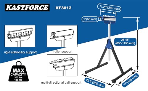 KASTFORCE Heavy-Duty Roller Stand 300 Lbs 136kg Loading Capacity (3 in 1 Roller), Adjustable Miter Saw Extension, Folds Flat for Easy Storage, 2 Inch (50mm) Stainless Steel Roller KF3012