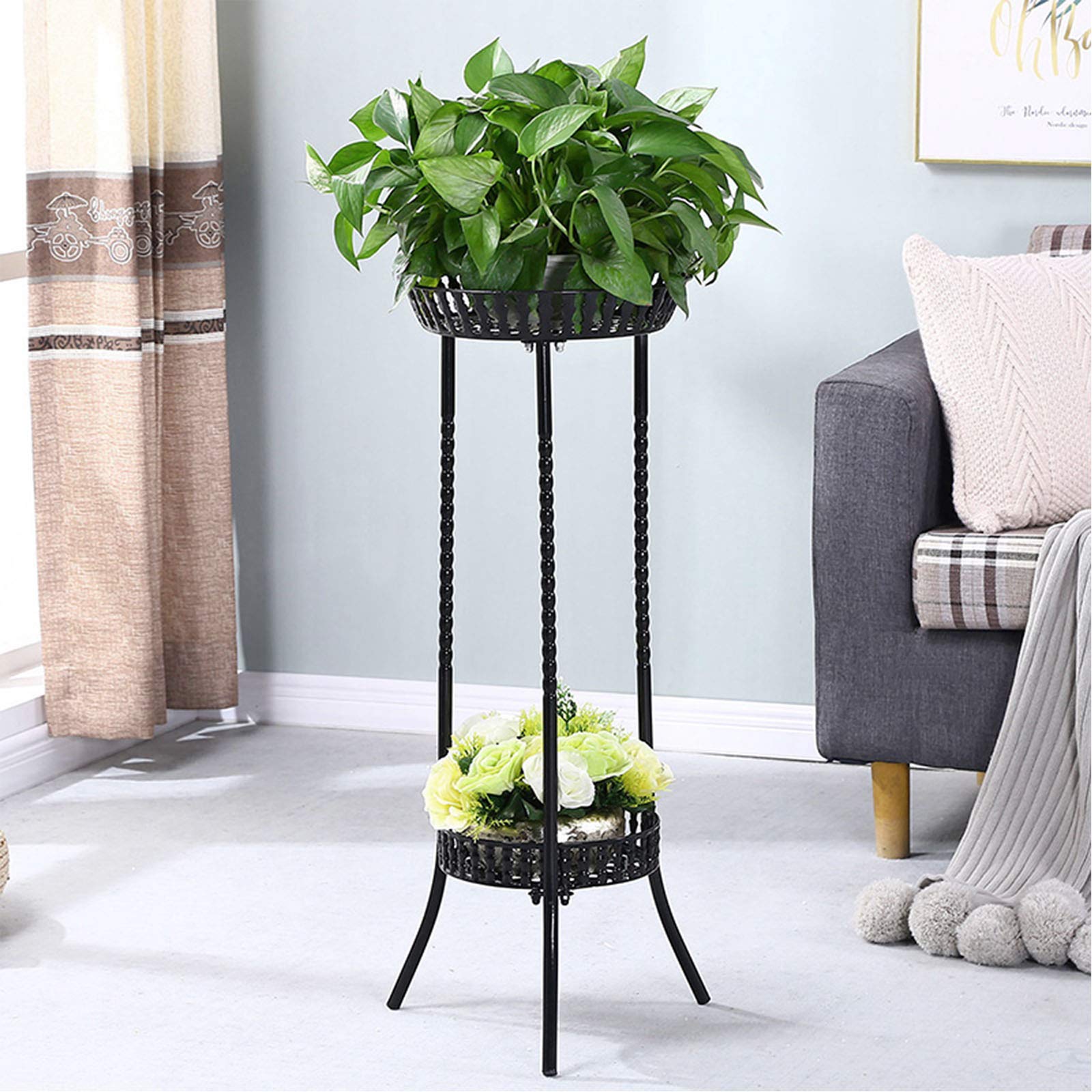 JzNova 2 Tiers Metal Plant Stand, 33.5inch Tall Flower Pot Raised Holder, Iron Art Planter Holders, Rustproof Outdoor & Indoor Elegant Corner Decorative Display Rack, Modern Potted Container, Black