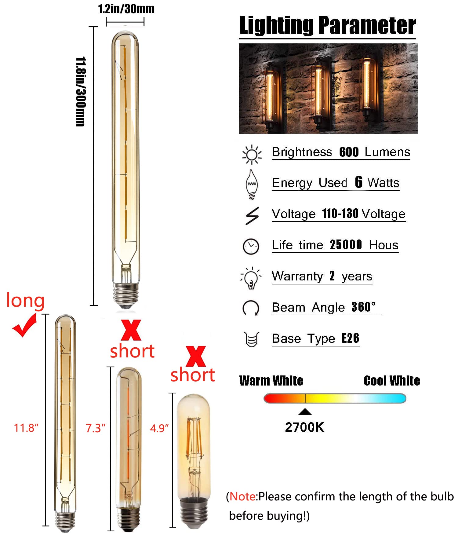 HXMLS T30 Dimmable Led Tubular Bulb,T300 Long Tube Edison Light Vintage Filament Bulb 6W,60W Equivalent,2700K Warm White,Amber Glass Cover E26 Medium Base,11.8inch(4 - Pack.……