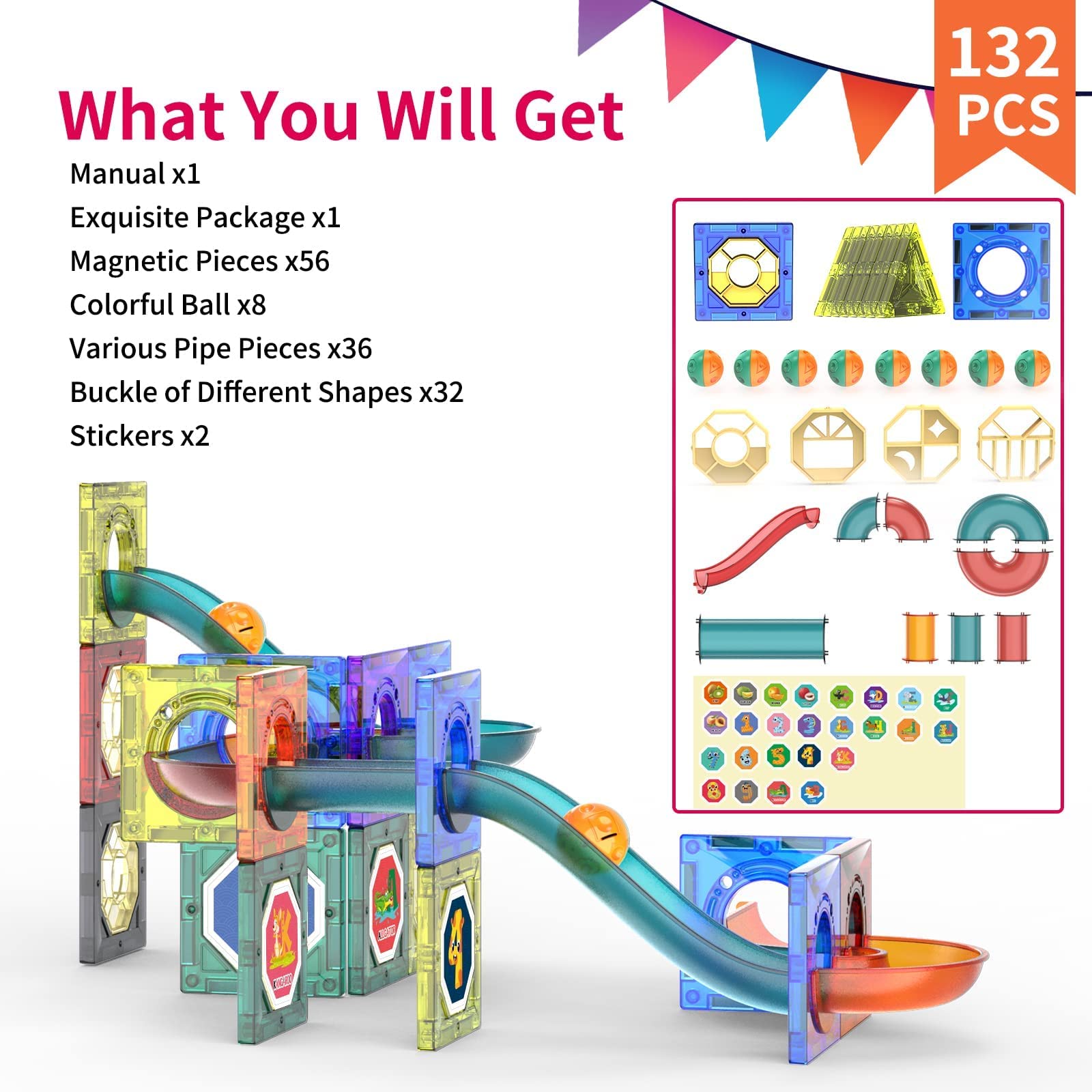 Nuseiis Magnetic Tiles, 132 PCS Marble Run, Magnetic Balls Marble Run Building Blocks for Kids, 3D Stem Learning Education Toys for Age 3 4 5 6 7 8+ Years Old