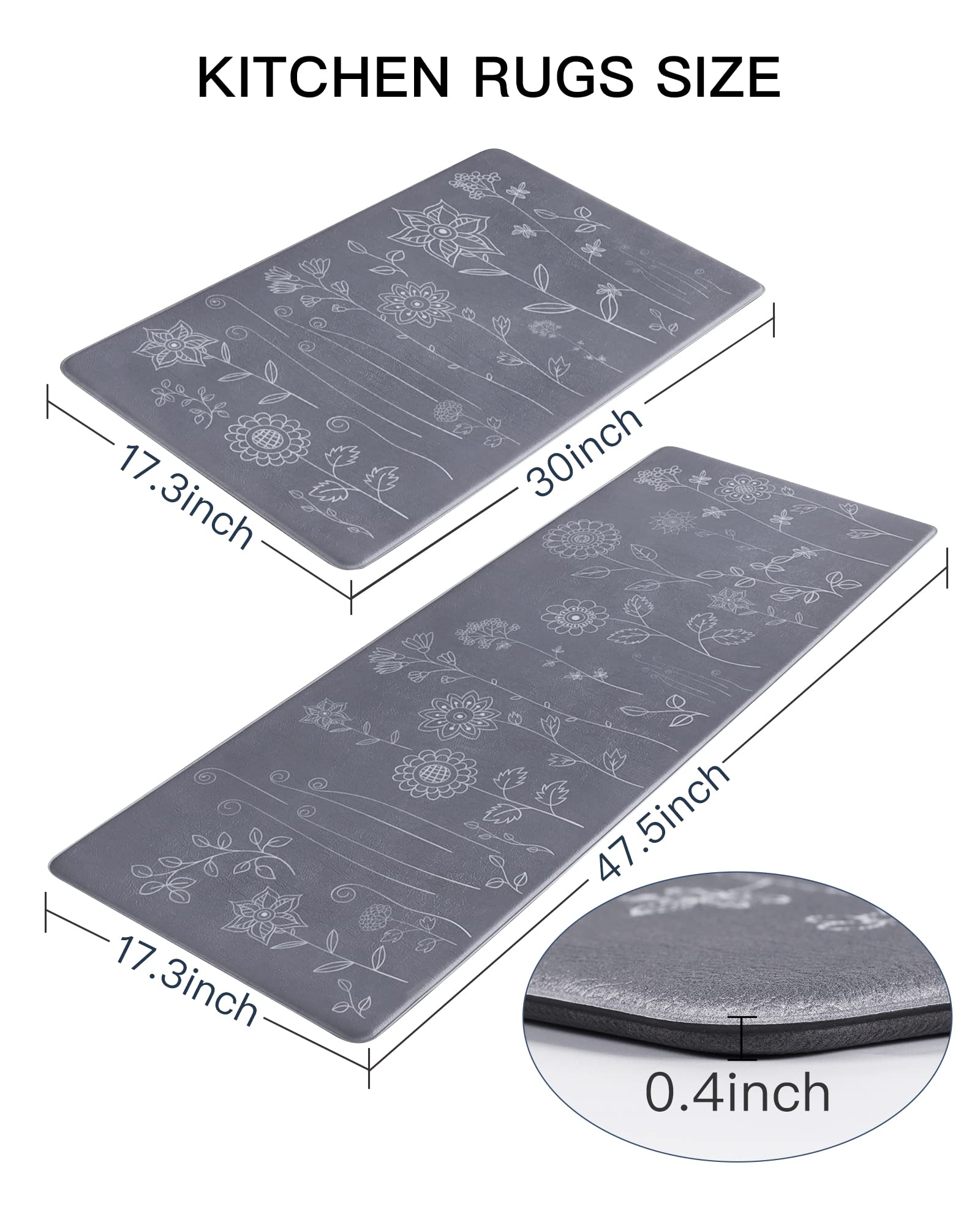 Kitchen Rugs and Mats Cushioned Anti Fatigue, WHTOR 2 PCS Non Skid Kitchen Runner Rugs, Waterproof Memory Foam Kitchen Floor Mat, Standing Desk Mat for House, Sink, Office, Kitchen (Gray)