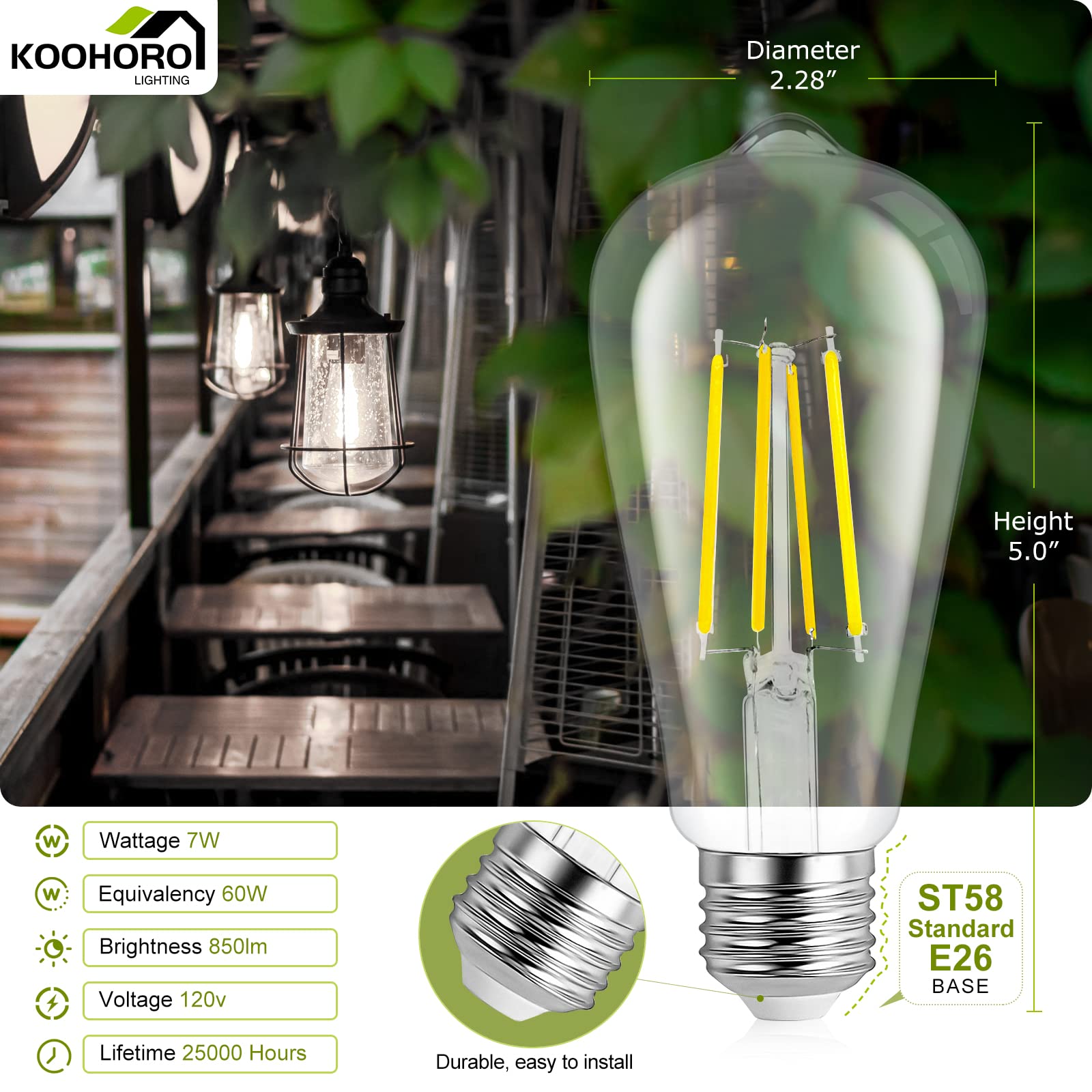 KOOHORO Vintage LED Light Bulbs,60 Watt Equivalent,Efficient 7W,Dimmable,ST58/ST19 Antique Light Bulbs,Daylight 5000K,LED Bulbs with CRI 90+,High Brightness 850LM,E26 Medium Base,Pack of 6