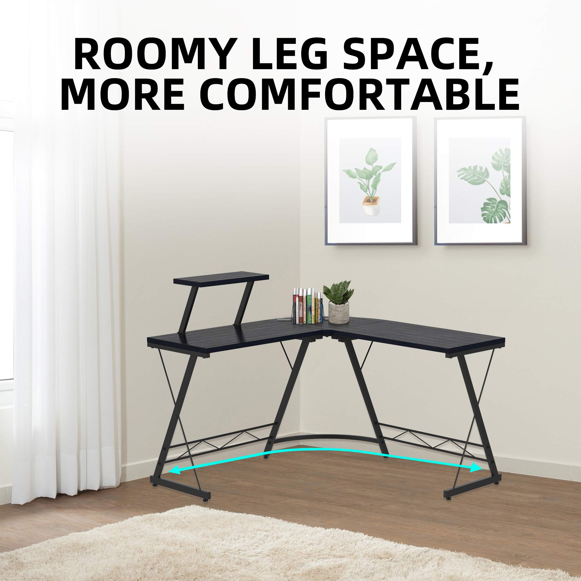 IDEALHOUSE L Shaped Computer Desk, Corner Home Office Desk, Space Saving Gaming Computer Desk PC Table Workstation with Large Monitor Stand, 50.59x50.59x29.33inch (Black)
