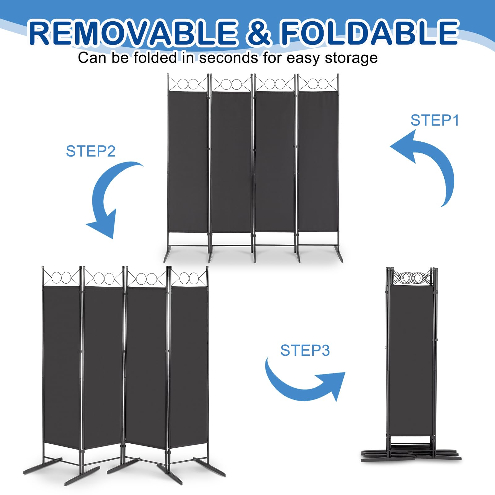 Indoor Room Divider,5.74 Ft Folding Privacy Screens with 17" Support Feet for Bedroom,Dining Room Office (4 Panel, Black)