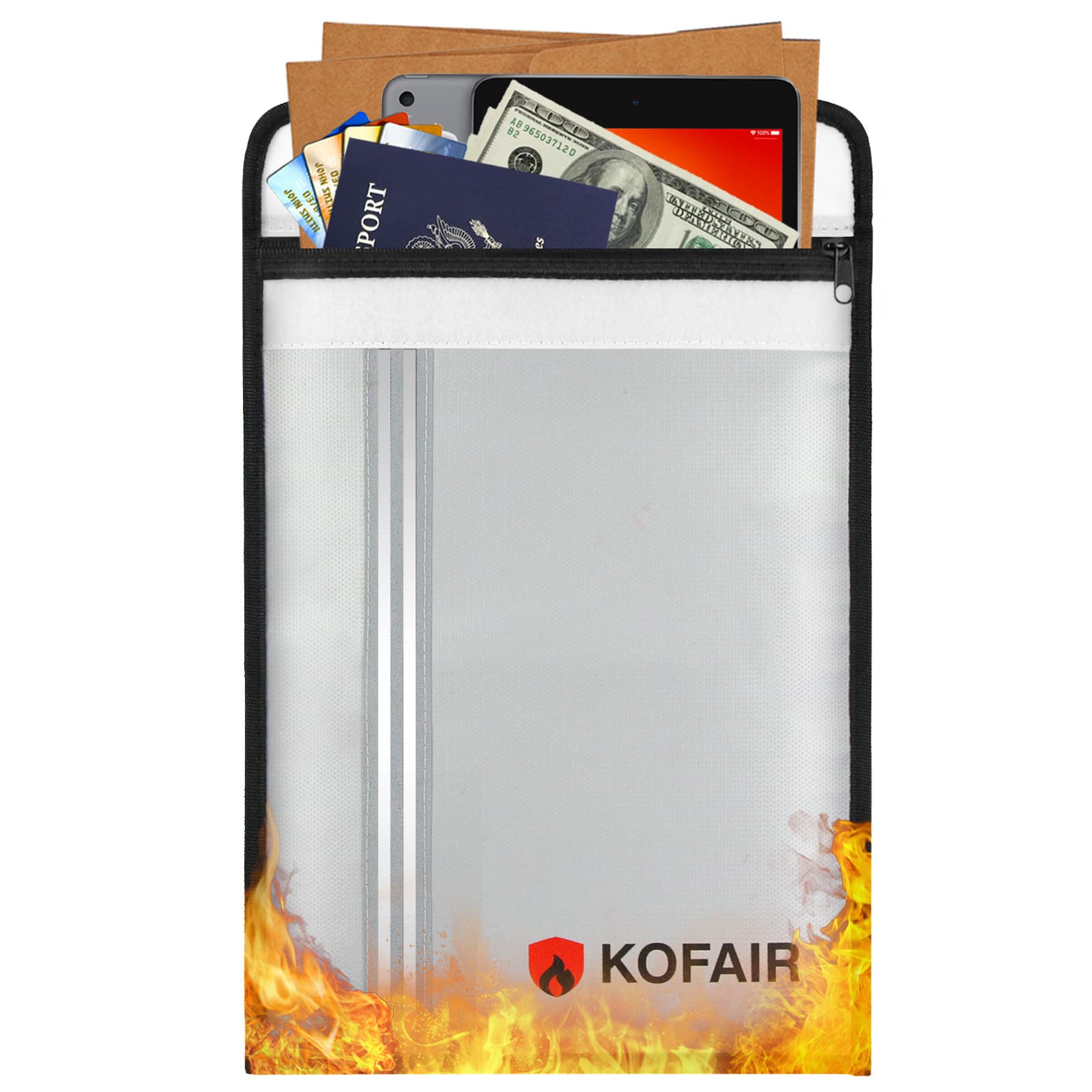 KOFAIR Fireproof Document Bag with Reflective Strip & Waterproof Zipper (15 x 11 inch), Fireproof Money Bag, Fireproof Envelope for Cash, Important Document Storage Fireproof Safe Bag (Gray)