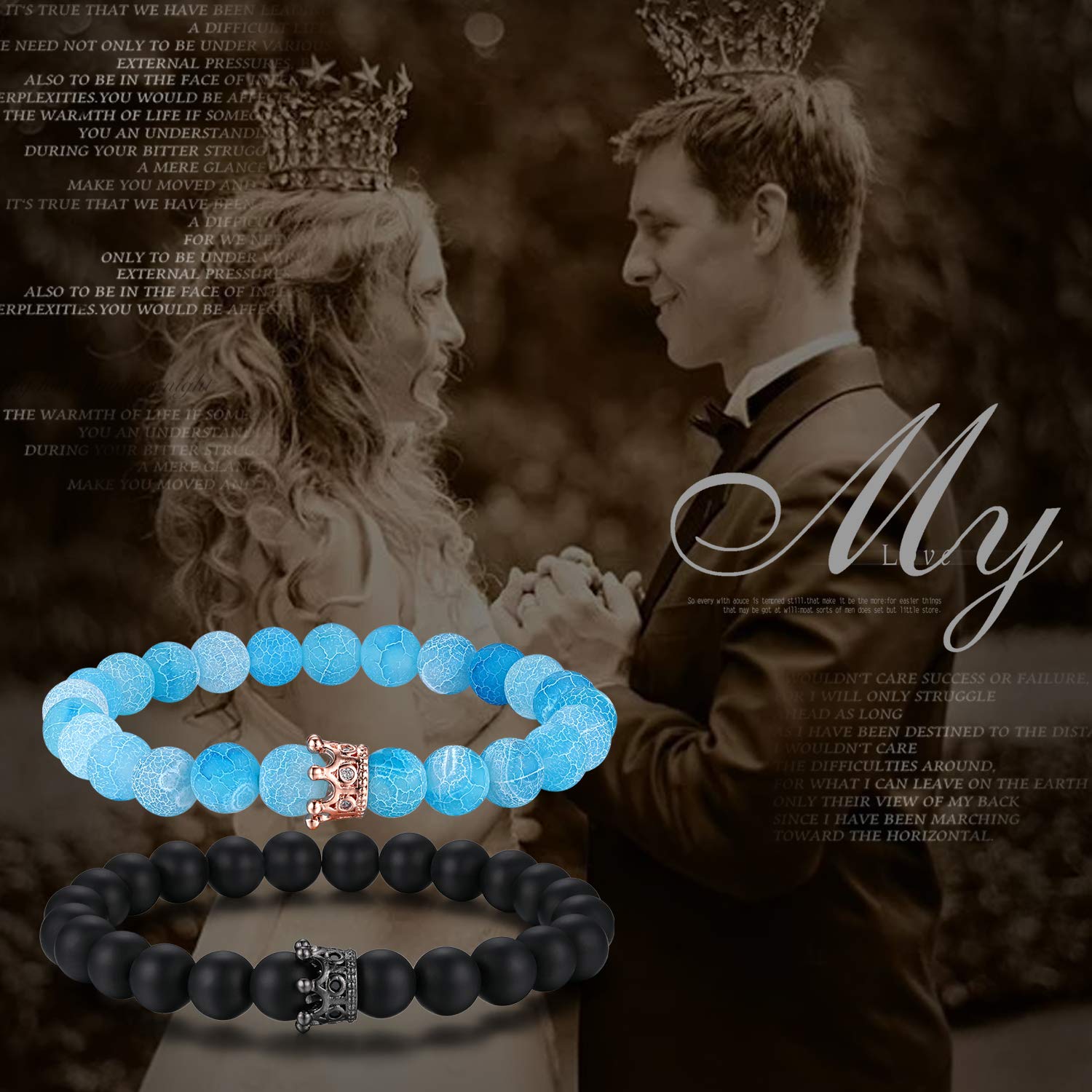 LONGLITTER Couple Beaded Bracelets Bangles Set Black Matte Agate & White Howlite Natural Stone Crown Queen Bracelet - E