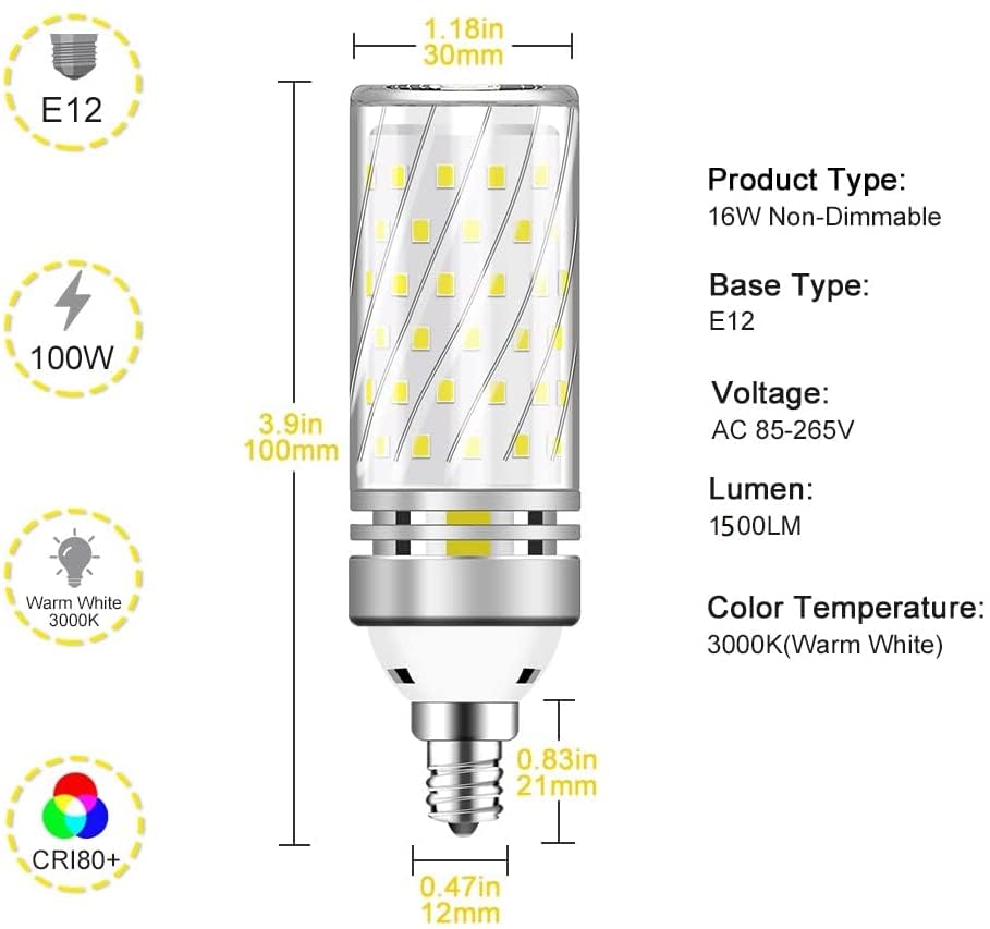 inShareplus E12 LED Bulbs, 16W Candelabra Light Bulbs, Warm White 3000K, CRI80+, 1500LM 120W Equivalent, E12 Base LED Chandelier Bulbs, Non-Dimmable LED Lamp, 6Pack