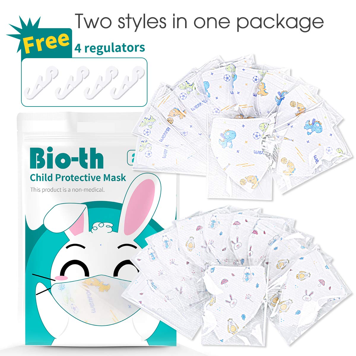 Kids Face Mask Individually Wrapped Reusable 20 Pack 4 Layers Cup Dust Face Masks for Kids Boys Girls (3-8 Years)