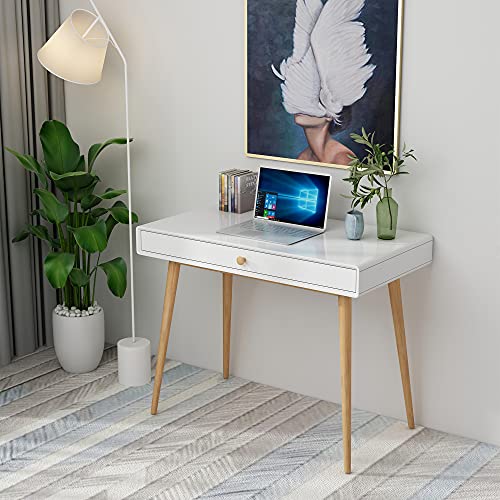 InsifoHome White Writing Desk Vanity Desk with Drawer for Bedroom, Mid-Century Modern Home Office Desk Computer Desk