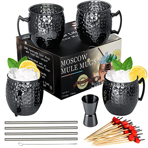 LINALL Moscow Mule Mugs- Set of 4 Gunmetal Black Plated Stainless Steel Mug 18oz, Measuring Cup, Cocktail Picks for Chilled Drinks (4pcs)