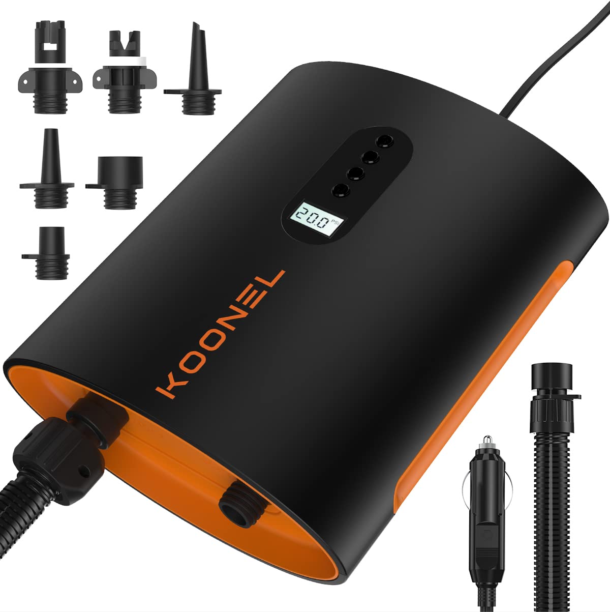 KOONEL 20PSI High Pressure Air Pump, Intelligent Dual Stage Inflation Paddle Board Pump, Auto-Off Function Sup Electric Pump, 12V DC Car Connector with 6 Gas Nozzles Accessories for Inflatable Boats