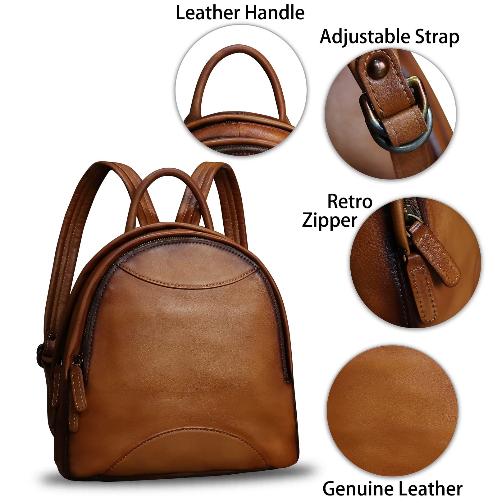 LRTO Genuine Leather Backpack Purse for Women Retro Handmade Small Casual Rucksack Satchel Back Bags Knapsack (Brown)