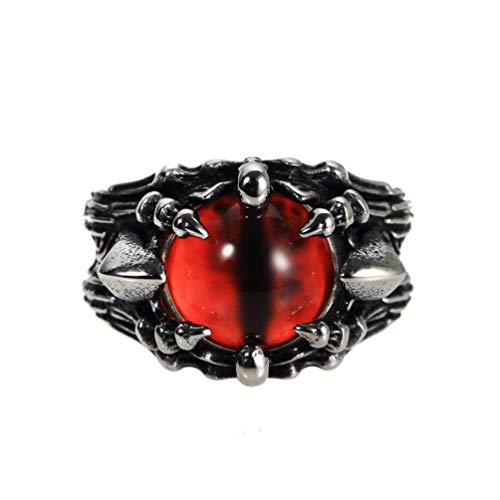 OAKKY Unisex Stainless Steel Vintage Personality Ghost Devil Dragon Claw Bloody Demon Round Red Gemstone Biker Ring Gothic Punk Statement Size 11