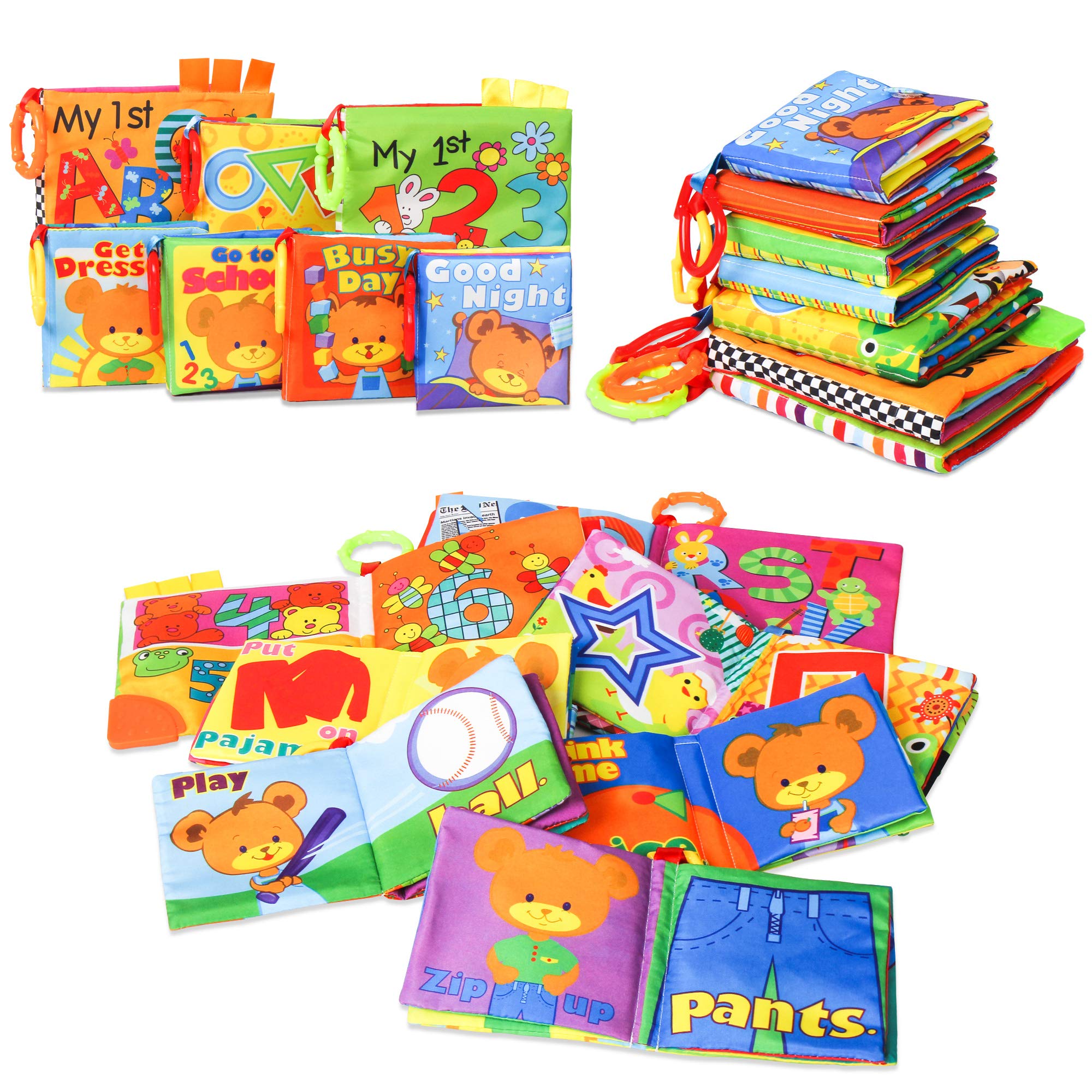 KIDAMI Baby Soft Books with Teether and Crinkle Paper 7pcs Waterproof Bath Book, First Year Book for Learning Numbers and Alphabets and Telling Stories, Gift for Infant, Baby and Toddler