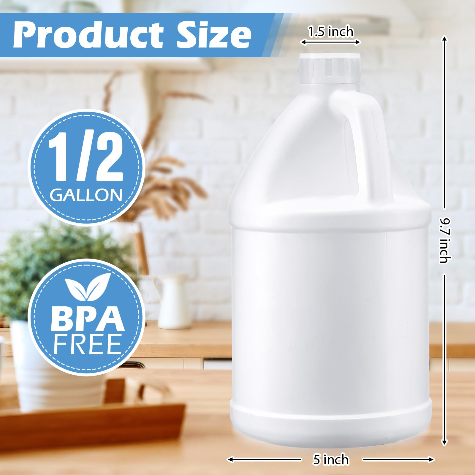 Hoolerry 12 Pcs 1/2 Gallon (64oz) Round Plastic Gallon Jug with Child Resistant Lid Half Gallon Empty Milk Jug with Cap Reusable Refillable HDPE Container Water Storage Bottle for Detergent, Liquids