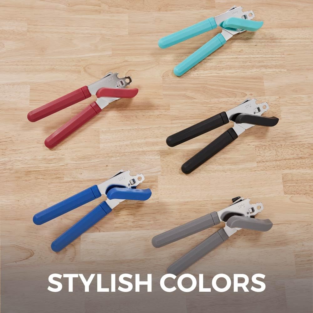 Home Genie Stainless Steel Blade and Rust Resistant Manual Can Opener, HandHeld Easy Turn Knob, Smooth Edge Cut on Lids, Large Handles with Bottle Top Openers, Kitchen Tool Accessories, Pitch Black
