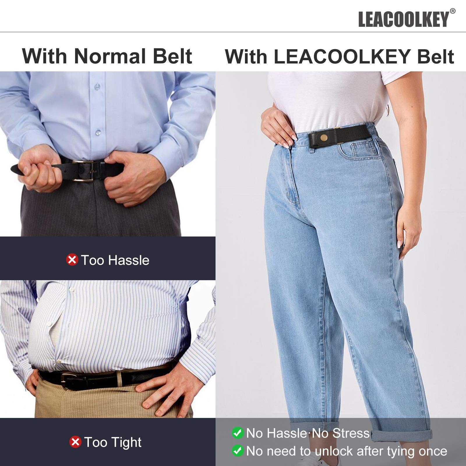 LEACOOLKEY No Buckle Stretch Belt for Women/Men—2 Pack Elastic Invisible Belt for Jeans (A-black+black, Fits 2 loop size 7"-14")