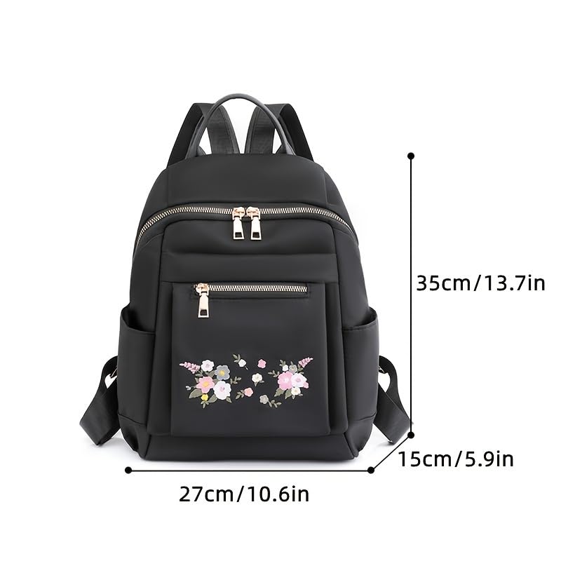 Kteubro Nylon Flower Embroidery Backpack, Large Capacity Laptop Bag With Adjustable Strap For Work & Travel