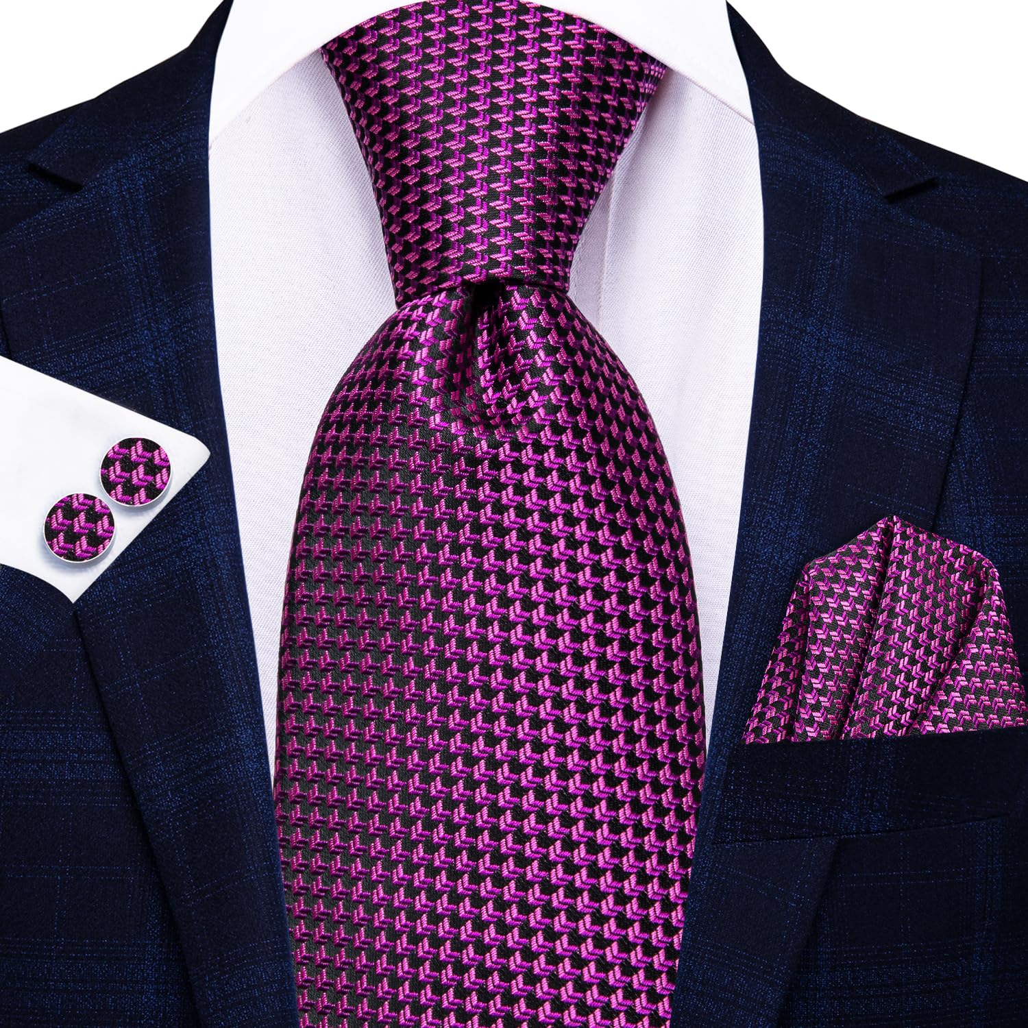 Hi-Tie Mens Purple and Black Ties Set Extra Long Silk Formal Necktie Woven Pocket Suqare Cufflinks Set 63inches for Wedding Business
