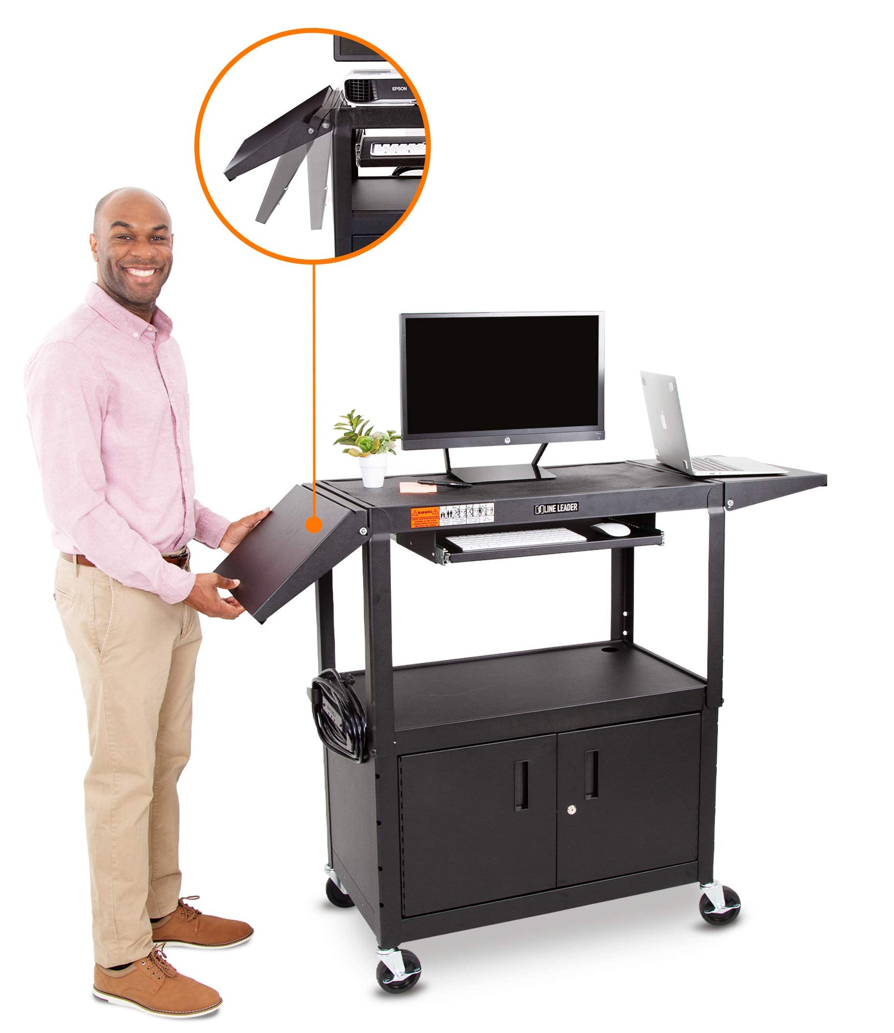 Line Leader Large AV Cart with Locking Cabinet & Drop Leaves, Rolling Height Adjustable Utility Cart with Pullout Laptop Keyboard Tray & Cord Management, Narrow Mobile Workstation (Black, 54 x 18)