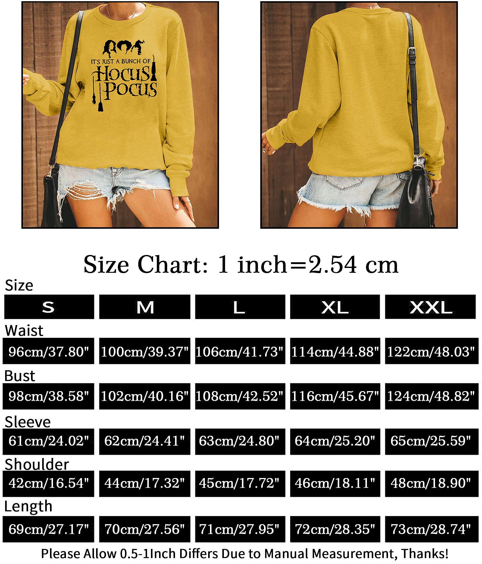 KIDDAD It's Just A Bunch of Hocus Pocus T-Shirt Women Halloween Sanderson Sisters Long Sleeve Crewneck Casual Pullover Tops Yellow