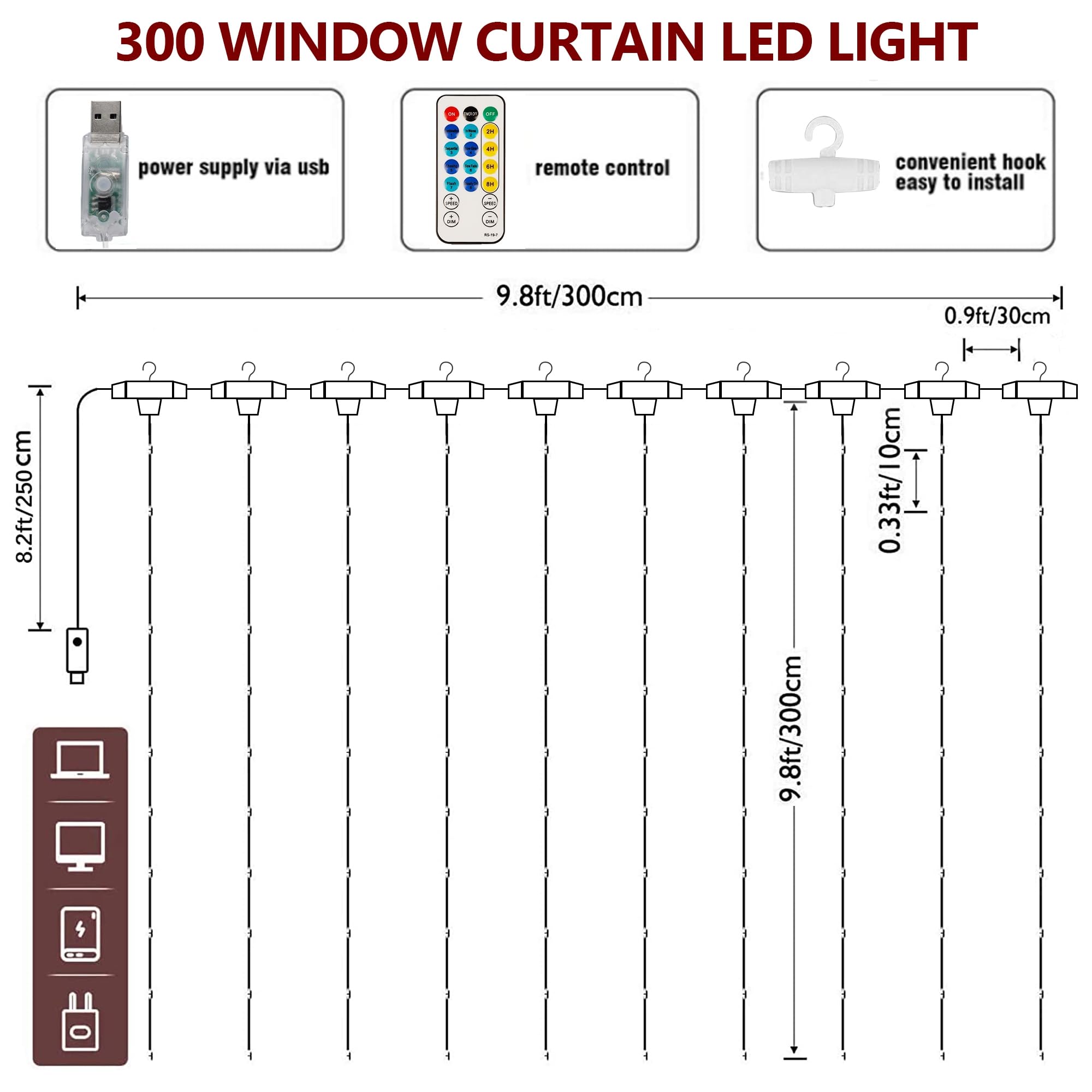 HOME LIGHTING Window Curtain String Lights, 300 LED 8 Lighting Modes Fairy Copper Light with Remote, USB Powered Waterproof for Christmas Bedroom Party Wedding Home Garden Wall Decorations, Cool White
