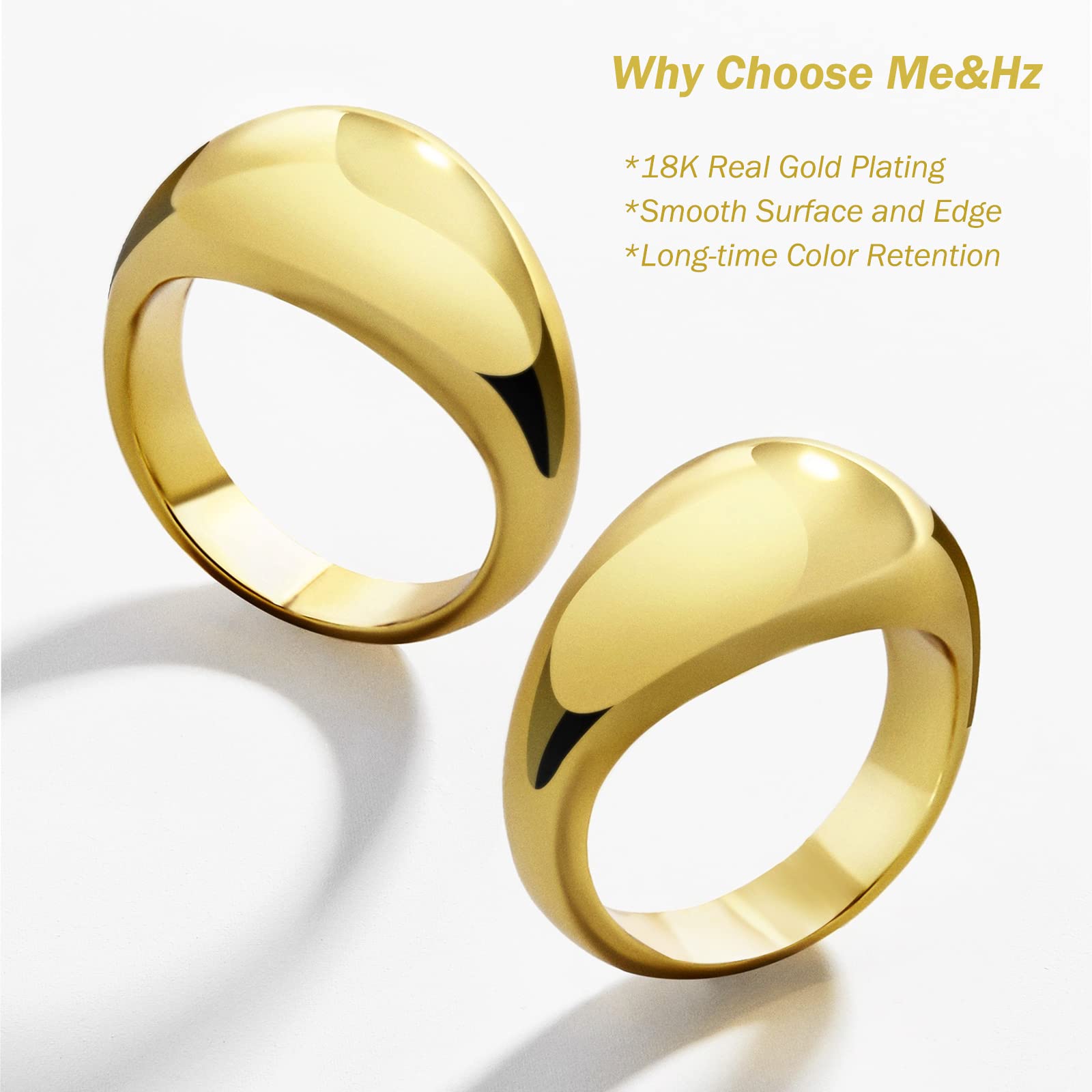 Me&Hz Chunky Dome Rings, 18K Gold Plated Statement Rings for Women Knuckle Thick Band Chunky Rings Cocktail Party Minimalist Signet Ring, Size 8