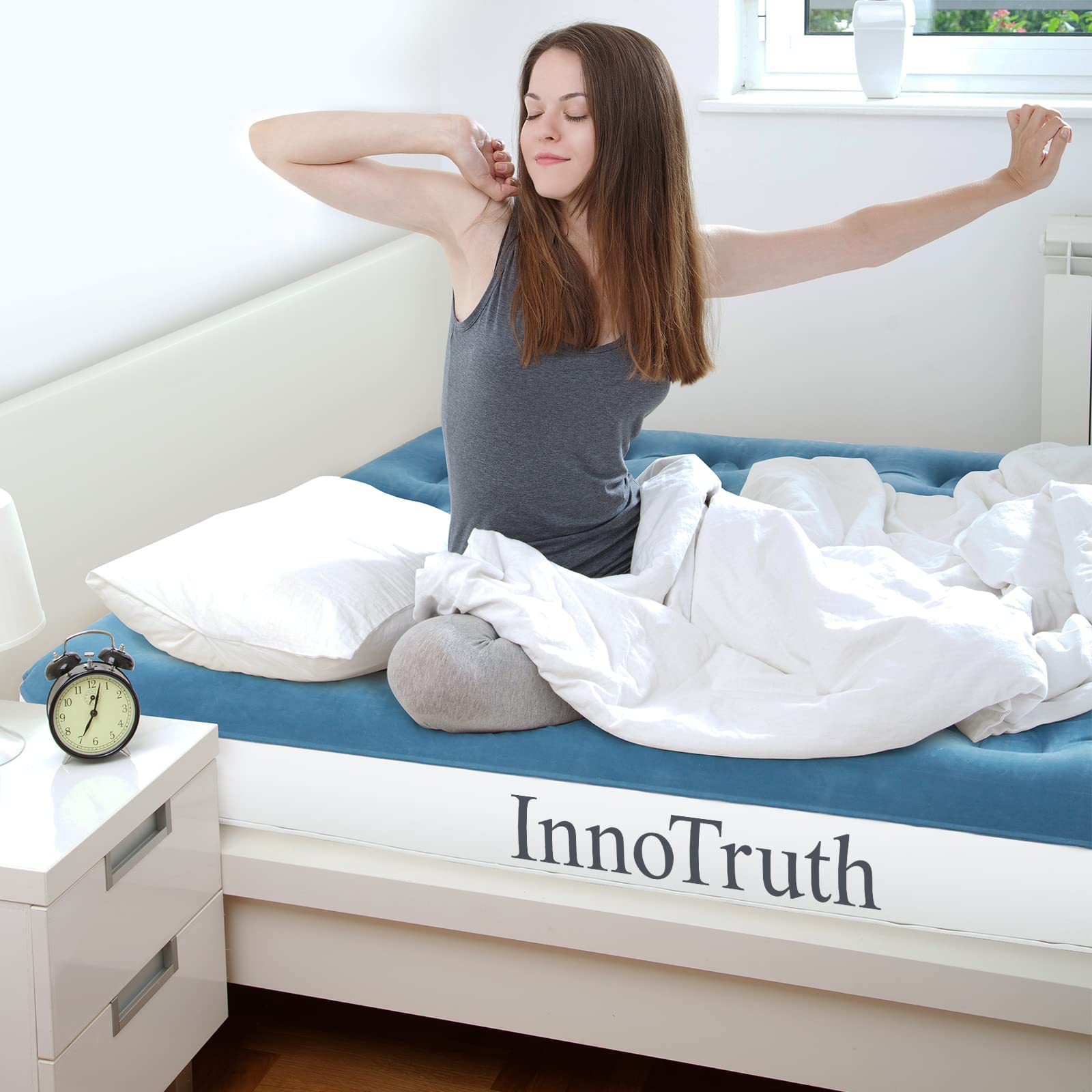 InnoTruth Queen Camping Air Mattress Bed, Rechargeable Handheld Electric Pump, Raised Elevated Blow Up Mattresses, Portable and Foldable Bed for Home Travel, 60" Wdith