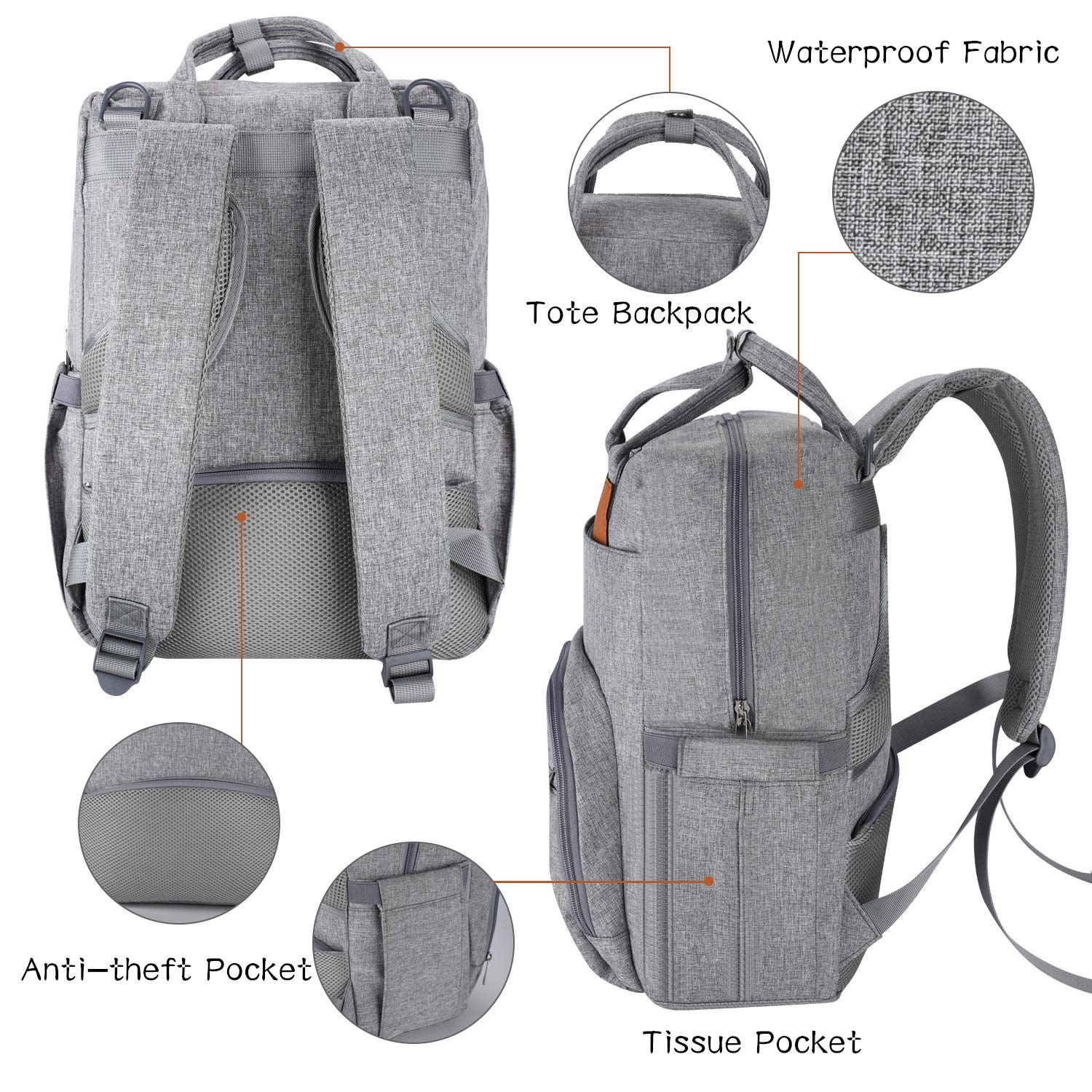 Iduola Land Diaper Bag Backpack Large Capacity Waterproof Baby Travel Bag for Dad Mom Light Grey