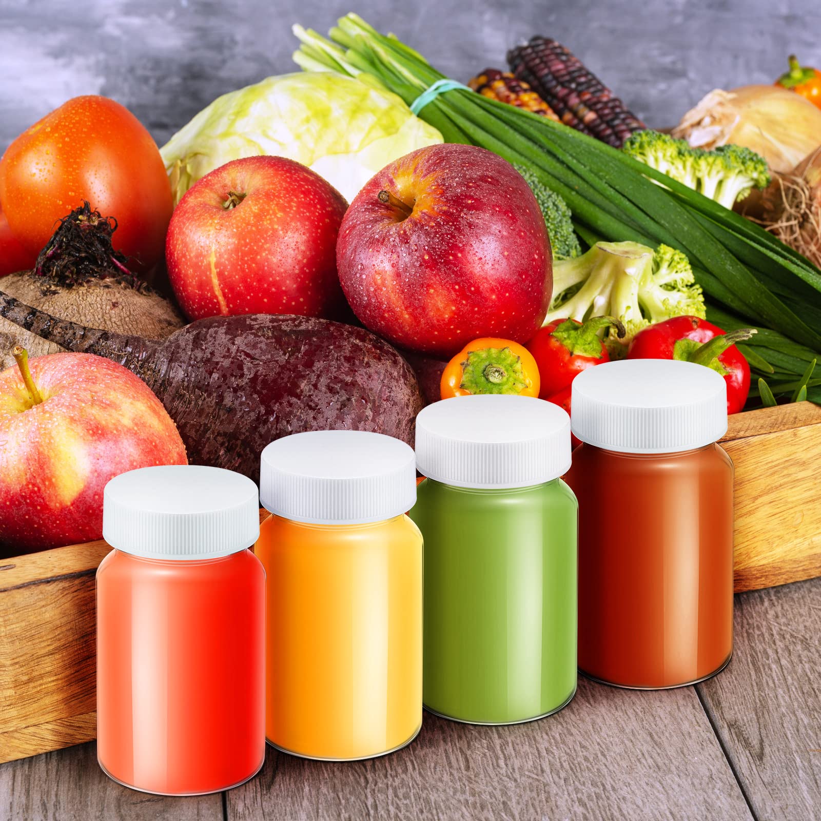 Hoolerry 32 Pcs Juice Shot Bottles 2 oz Juicing Bottles with Caps Reusable Mini Glass Jars with Lids Small Juicing Containers for Juicing Ginger Beverage Storage