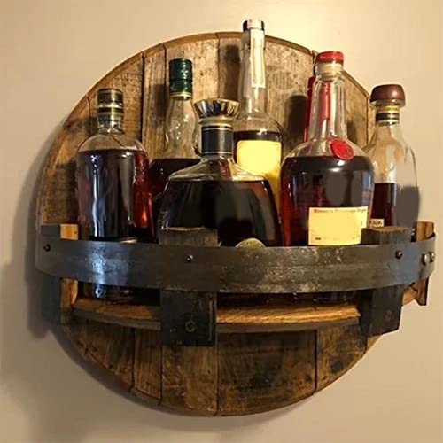 Whiskey Barrel Shelf Hand Crafted Liquor Bottle Display Vintage Round Wine Shelf Wooden Wall Mounted Wine Rack 7 Wine Bottle Round Shelf Wall Display Decoration for Home Bar Kitchen Cabinet