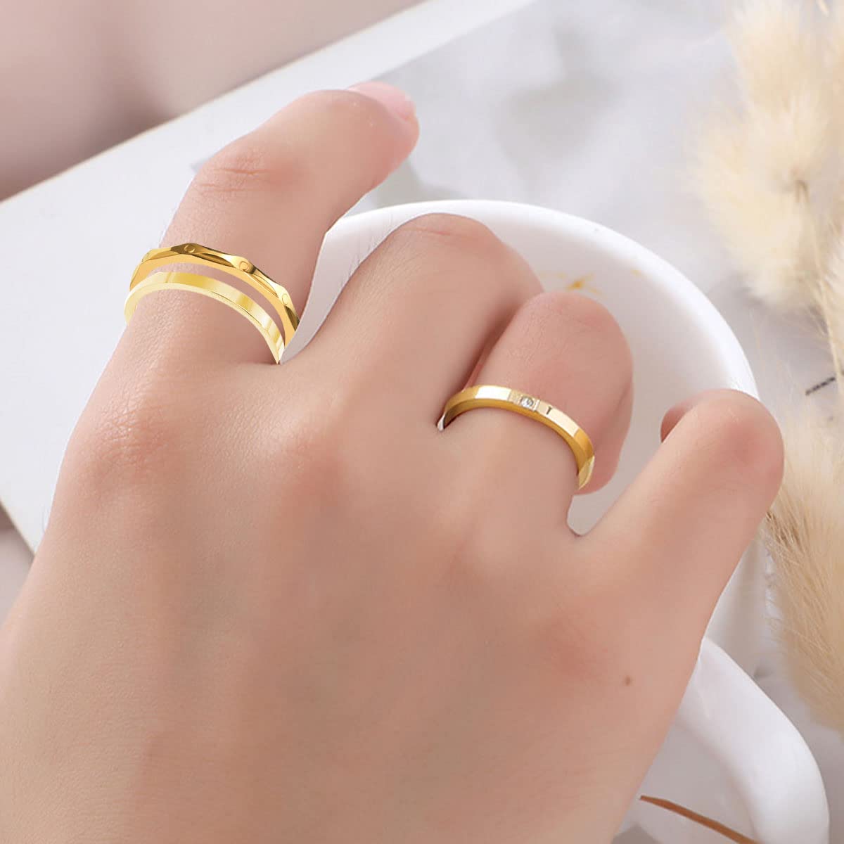 Nanafast 3PCS Thin Stackable Rings Stainless Steel Ring for Women Simple Midi Rings Set Plain Ring for Couple Wedding Band Promise Ring Gold 10
