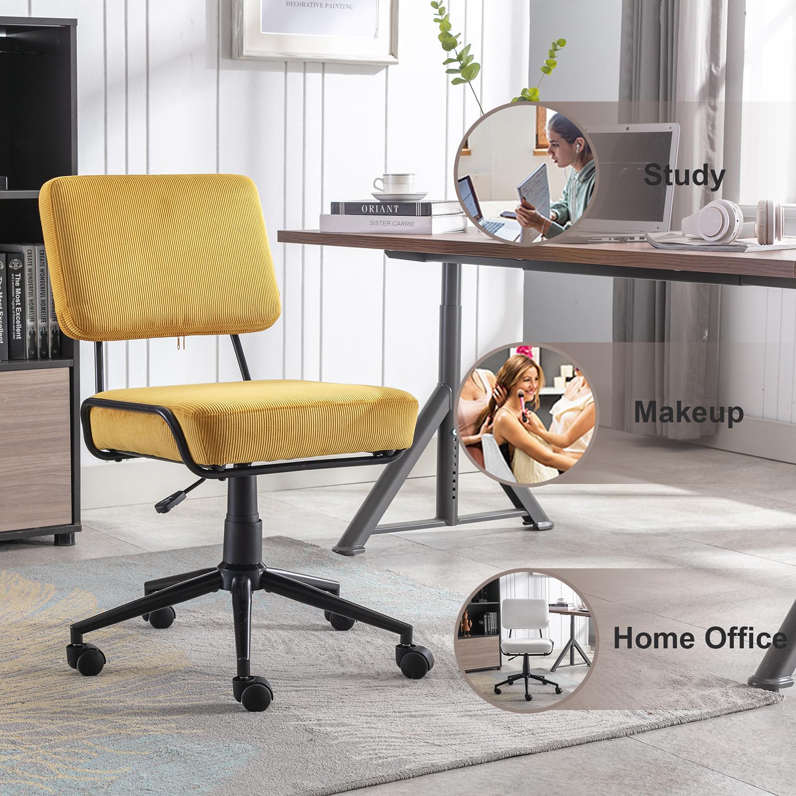 HEAVYSEVEN Office Desk Chair, Modern Corduroy Office Chair, Adjustable Swivel Home Task Chair, Mid-Back Cute Upholstered Armless Computer Chair with Wheels for Bedroom Studying Room Vanity Room