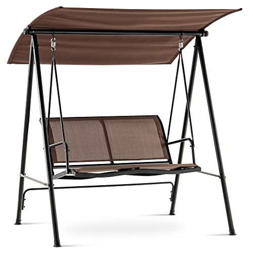 MCombo 2-Person Patio Swing Chair with Adjustable Canopy Outdoor, Steel Frame Breathable Seats Hanging Porch Swing, 4001 (Brown)