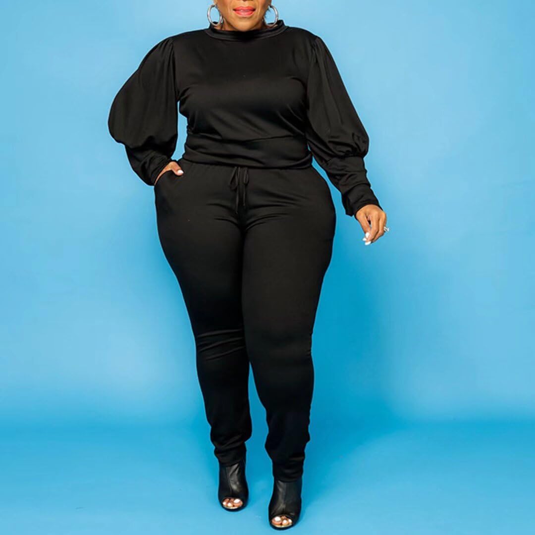 IyMoo Women Plus Size Solid 2 Piece Outfits Crew Neck Top and High Waist Pants Sport Jumpsuits Sweatsuit Set Black 3X
