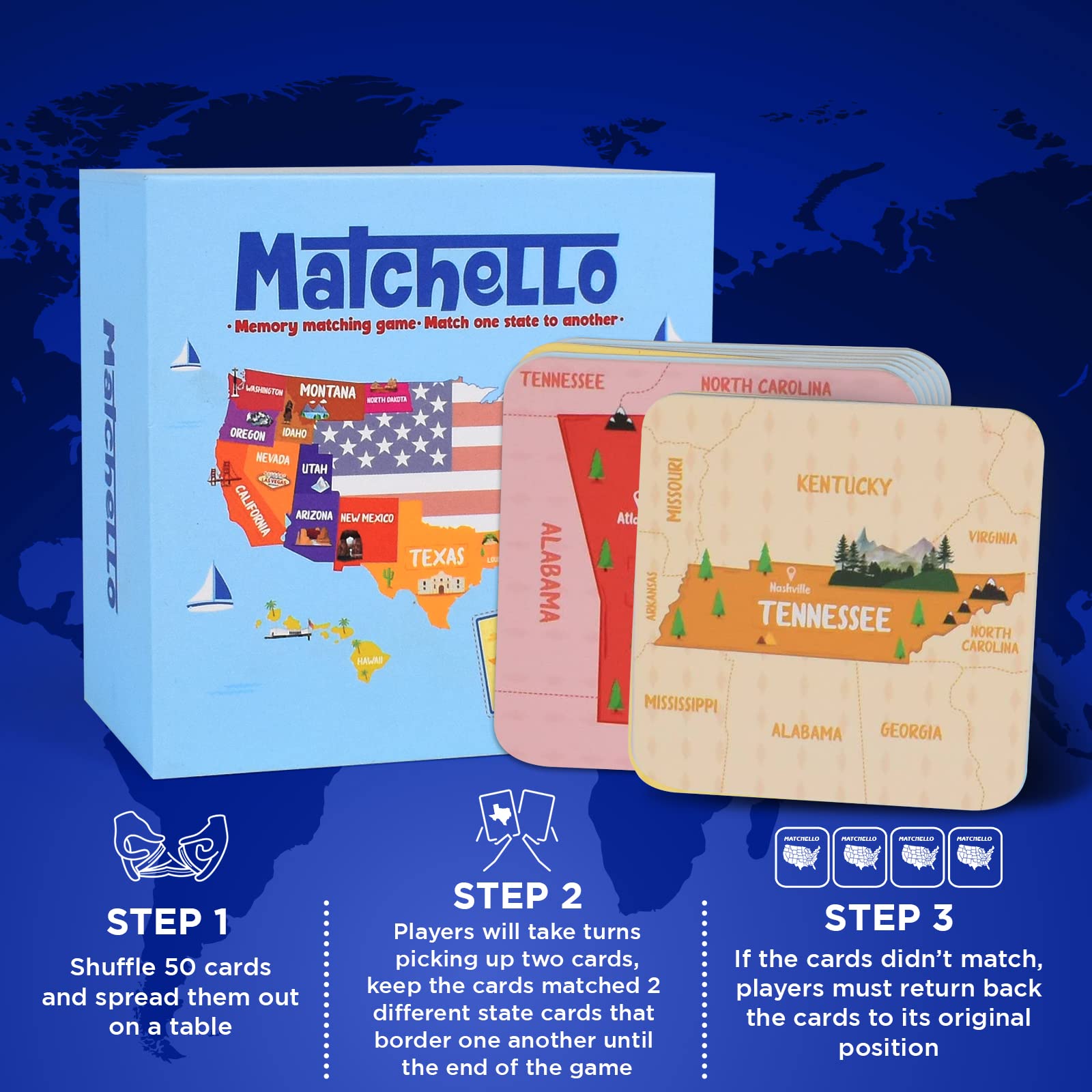 Matchello Memory Matching Game - Learn Geography for Kids β 50 States Matching Game β Educational and Fun State Cards for Kids and Grownups β Colorful Cards β Ages 7 and Up