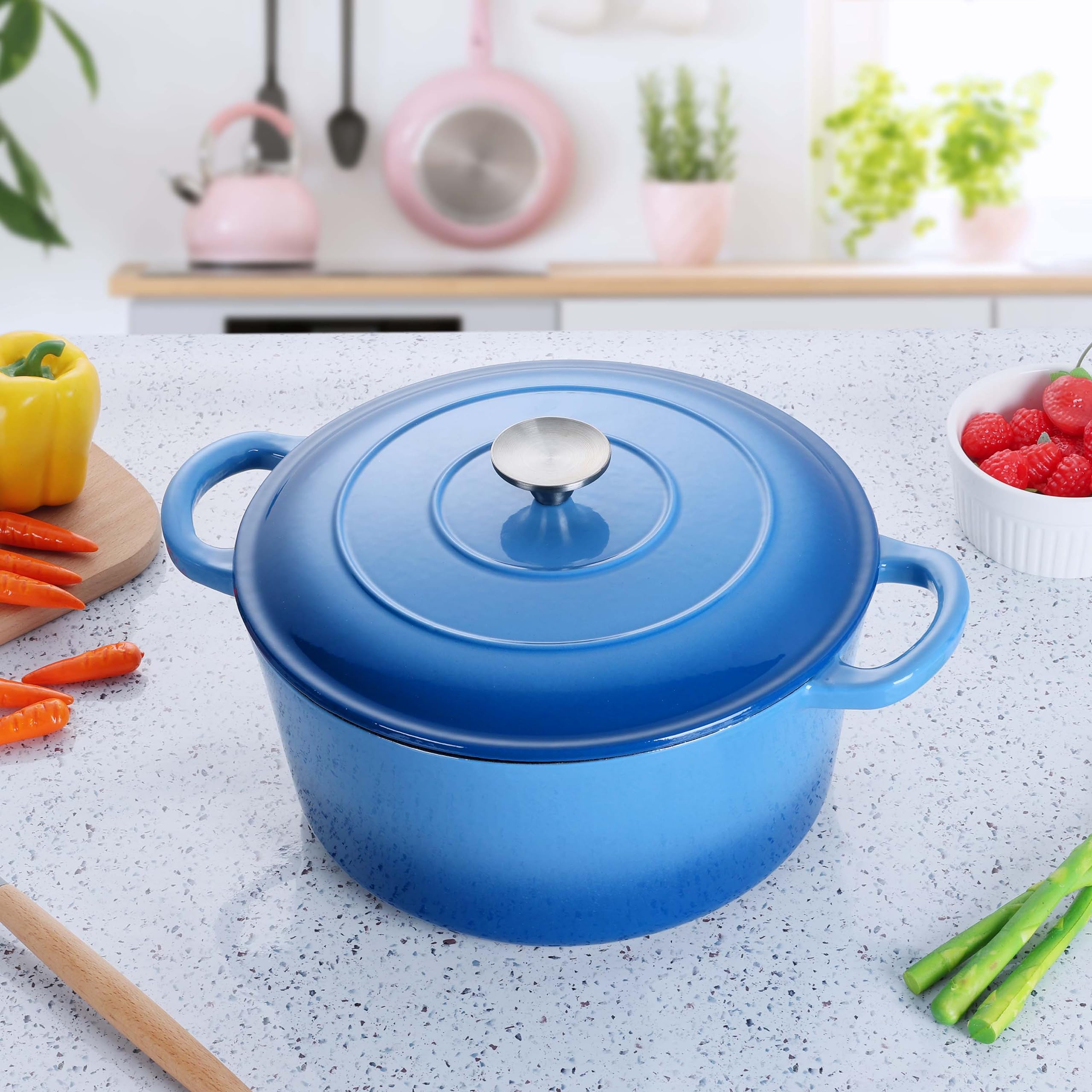 Herogo 6 Quart Enameled Cast Iron Dutch Oven with Lid, Round Dutch Oven Pot with Dual Handles for Bread Baking Stewing Roasting Blue