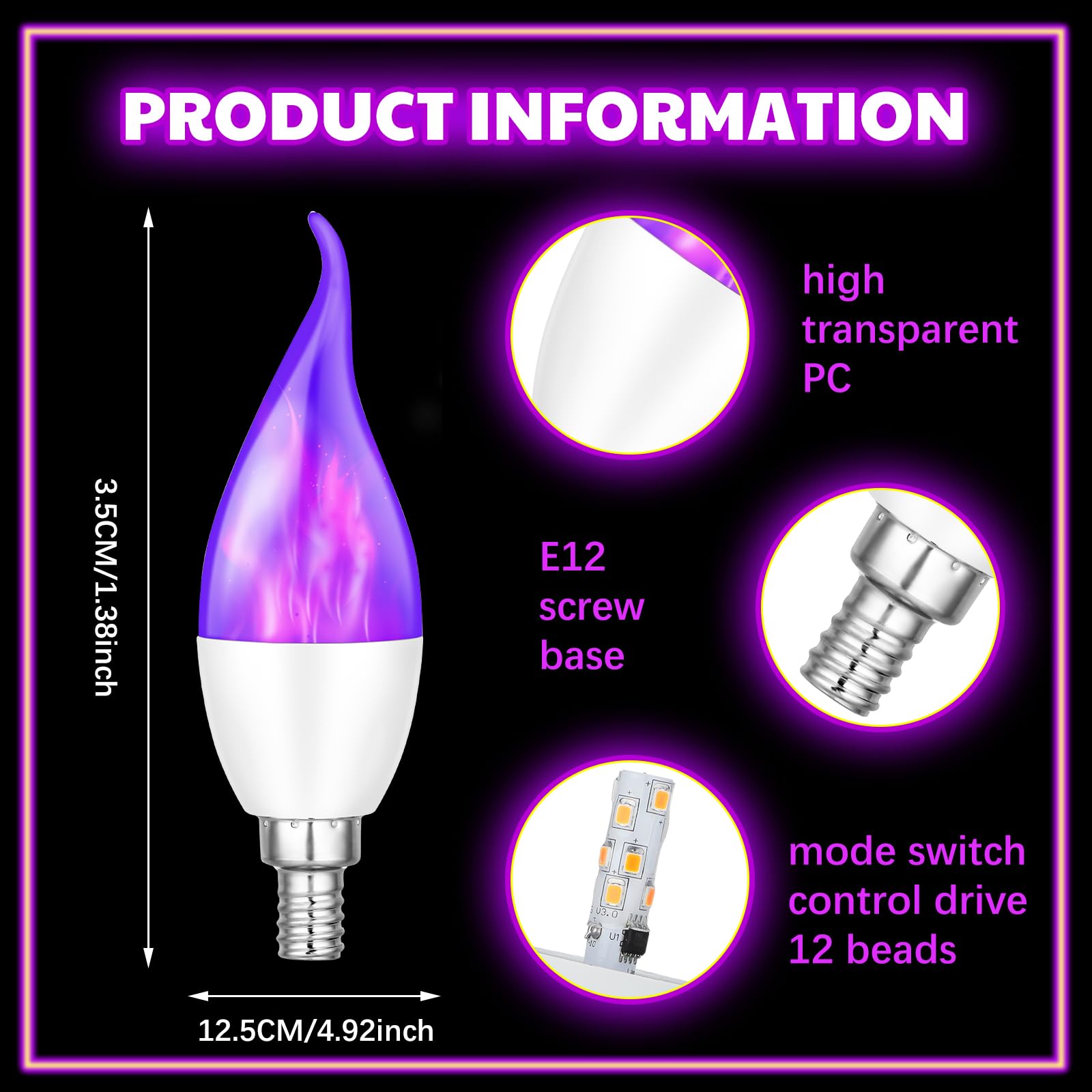 VIHOSE 4 Pcs E12 LED Flame Light Bulbs 3 Mode Flickering Fire Light Bulb E12 Candelabra Chandelier Base Candle Flame Lamp Halloween Christmas Party Porch Indoor Outdoor, 1.2 W, 1800 K(Purple, Orange)