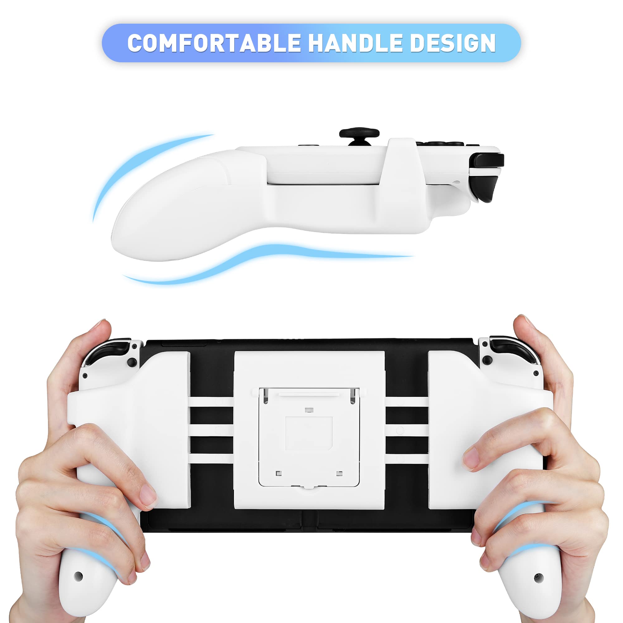 LASTYAL Adjustable Handle Grip for Nintendo Switch OLED Model and Switch Standard Edition with 2 Game Card Slots Holder Design, Ergonomic Foldable Grip for Switch Lite with 8 Thumb Grip Caps
