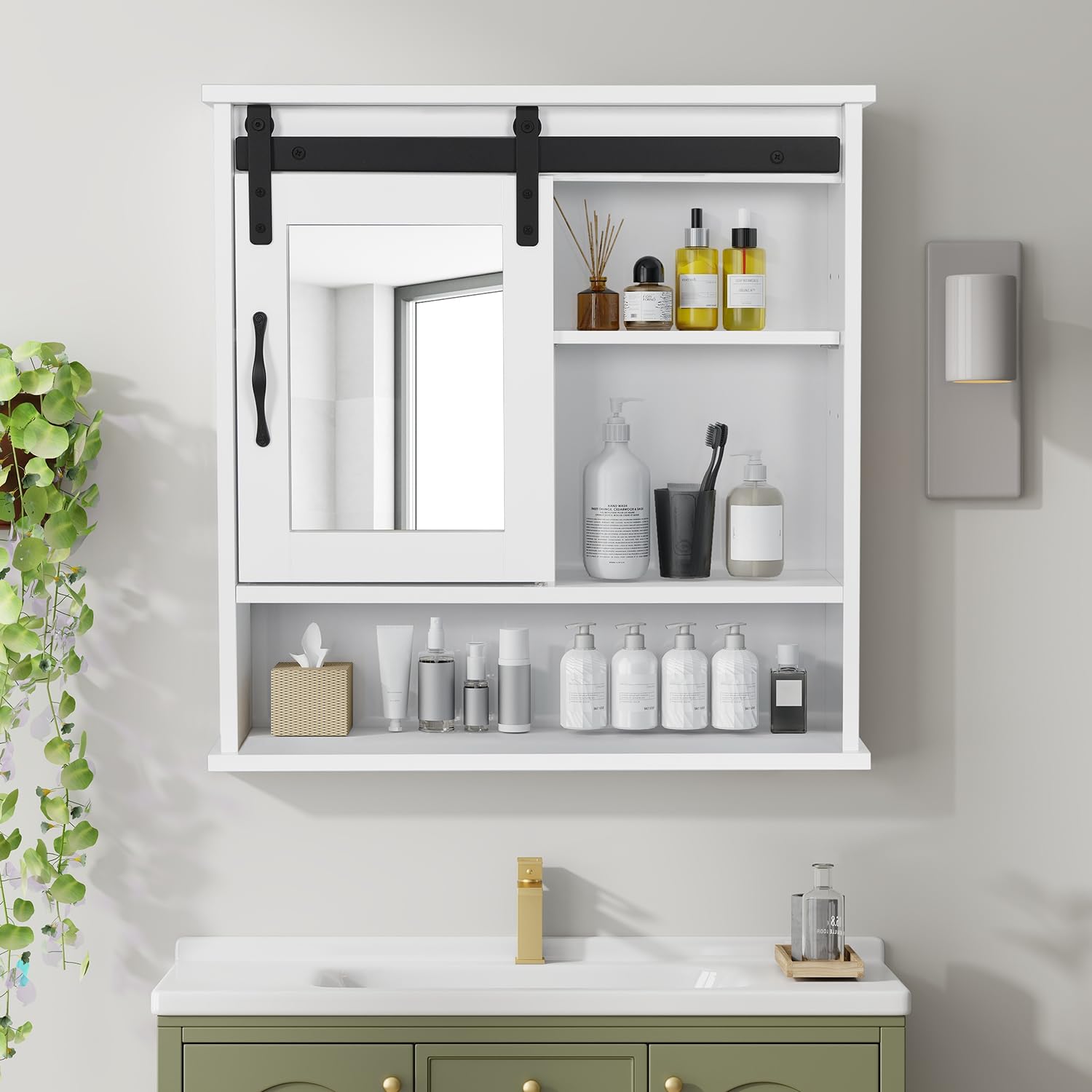 Puluomis Wall Mounted Medicine Cabinet - 5 Tier Rustic Wall Mounted Bathroom Storage Cabinet with Sliding Barn Door and Mirror