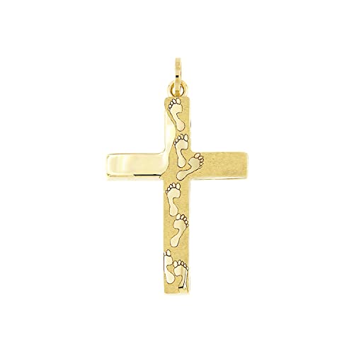 Lucchetta - Foot Prints in the Sand Yellow Gold Jesus Cross Pendant/Authentic Christian Jewelry from Italy/for Necklaces (up to 4mm)