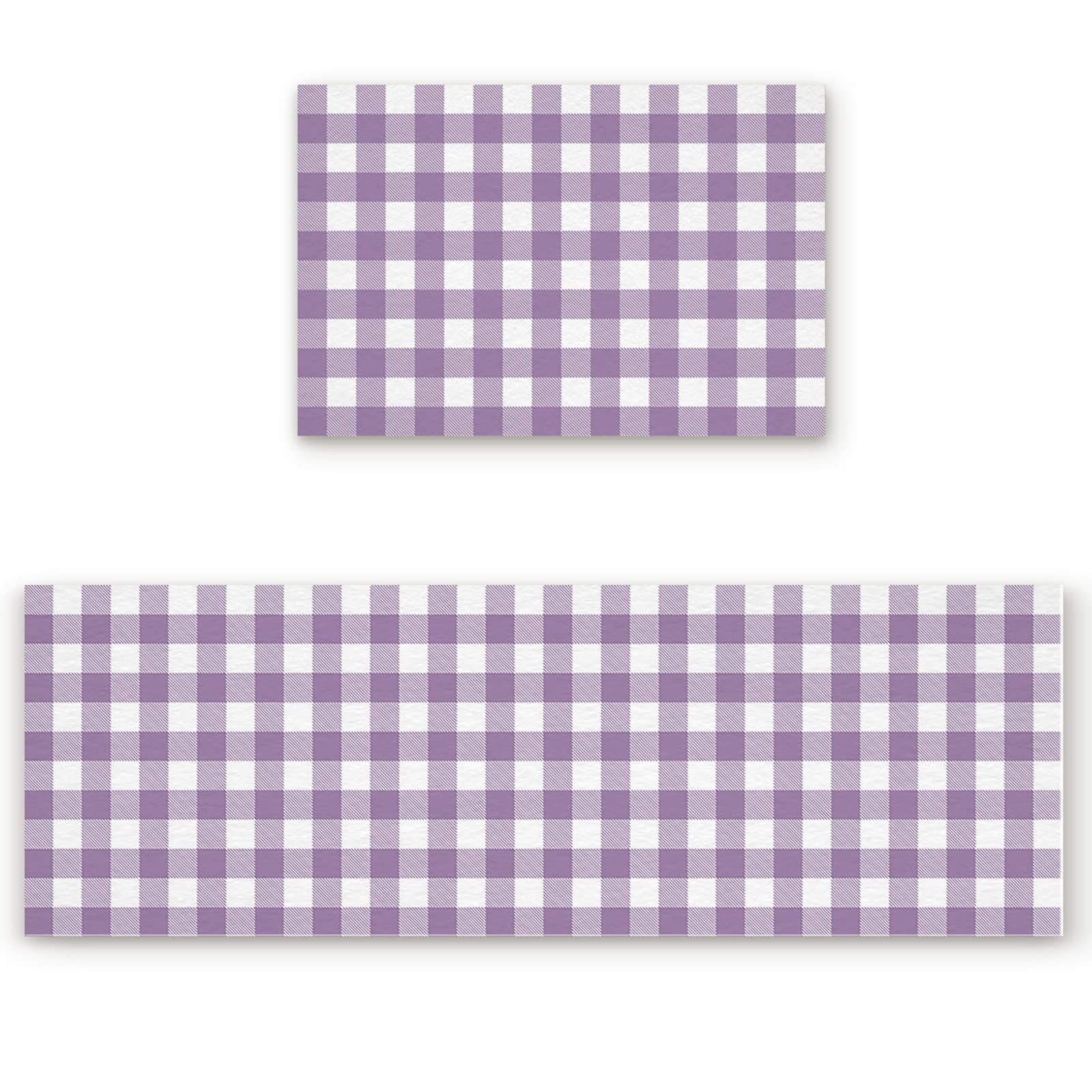 Kitchen Rugs, Purple and White Buffalo Check Plaid Gingham Farmhouse Decoration Non Slip Runner Rug Mat for Floor, Kitchen, Bedside, Sink, Office, Laundry, Set of 2