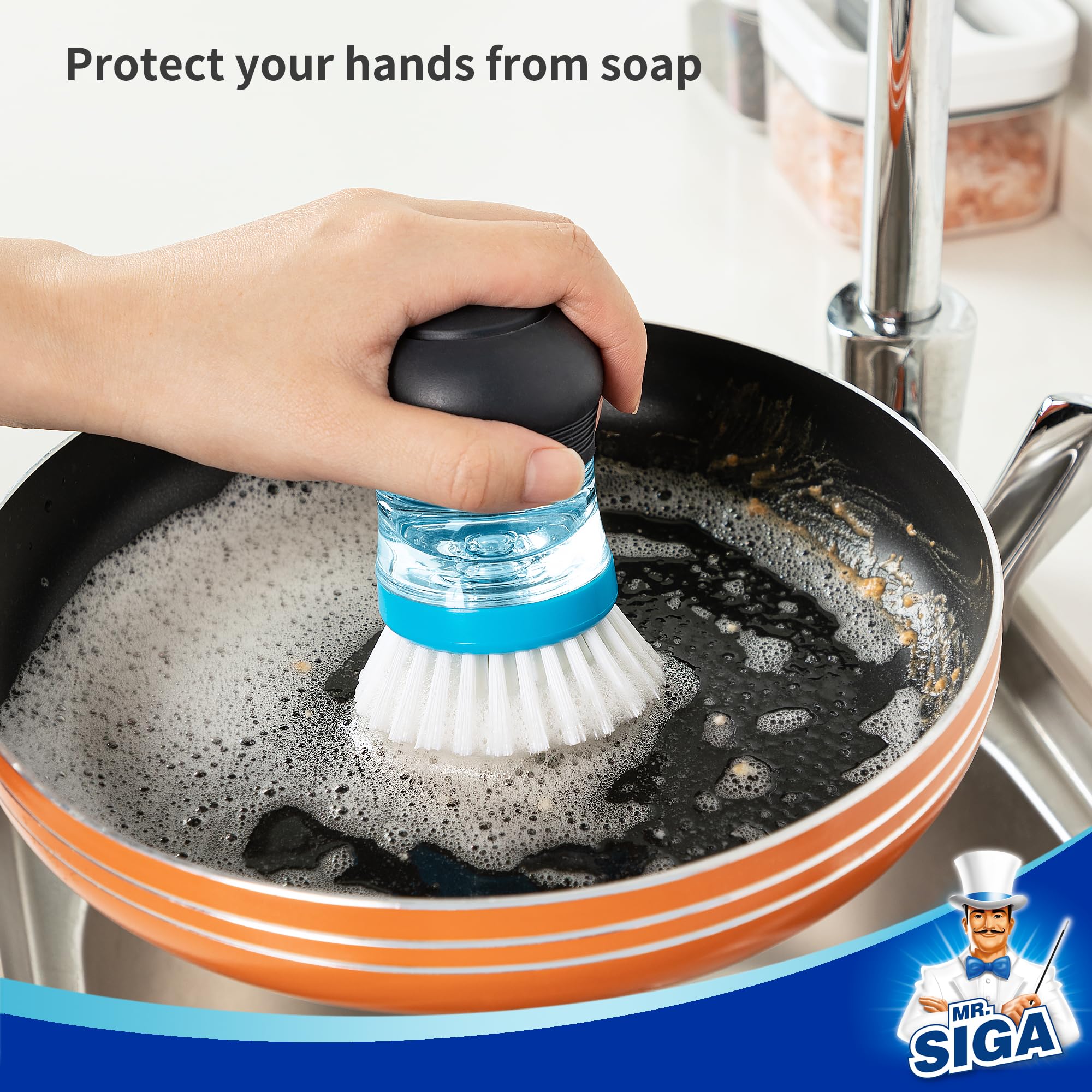 MR.SIGA Soap Dispensing Palm Brush, Kitchen Brush for Dish Pot Pan Sink Cleaning, Pack of 1, Navy/Blue