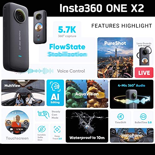 Insta360 ONE X2 360 Camera with Touchscreen - 5.7K30 360 Video, Front Steady Cam Mode, 18MP 360 Photo + InstaPano | Bundle Includes Invisible Selfie Stick (120cm) & 128GB Memory Card (3 Items)
