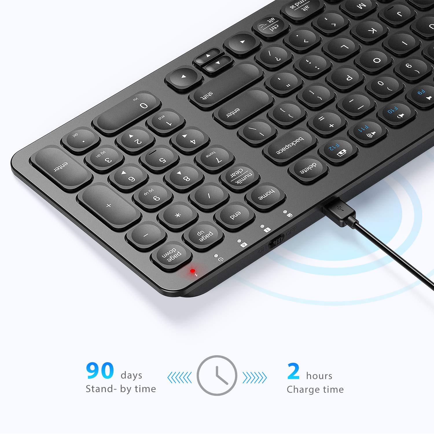 iClever Wireless Keyboard, GKA2-01B Rechargeable 2.4G Full Size Slim Silent Computer Keyboard, Ergonomic Wireless Keyboard with Number Pad for Mac, Windows7/8/10, PC, Laptop, Desktop, iMac, Black