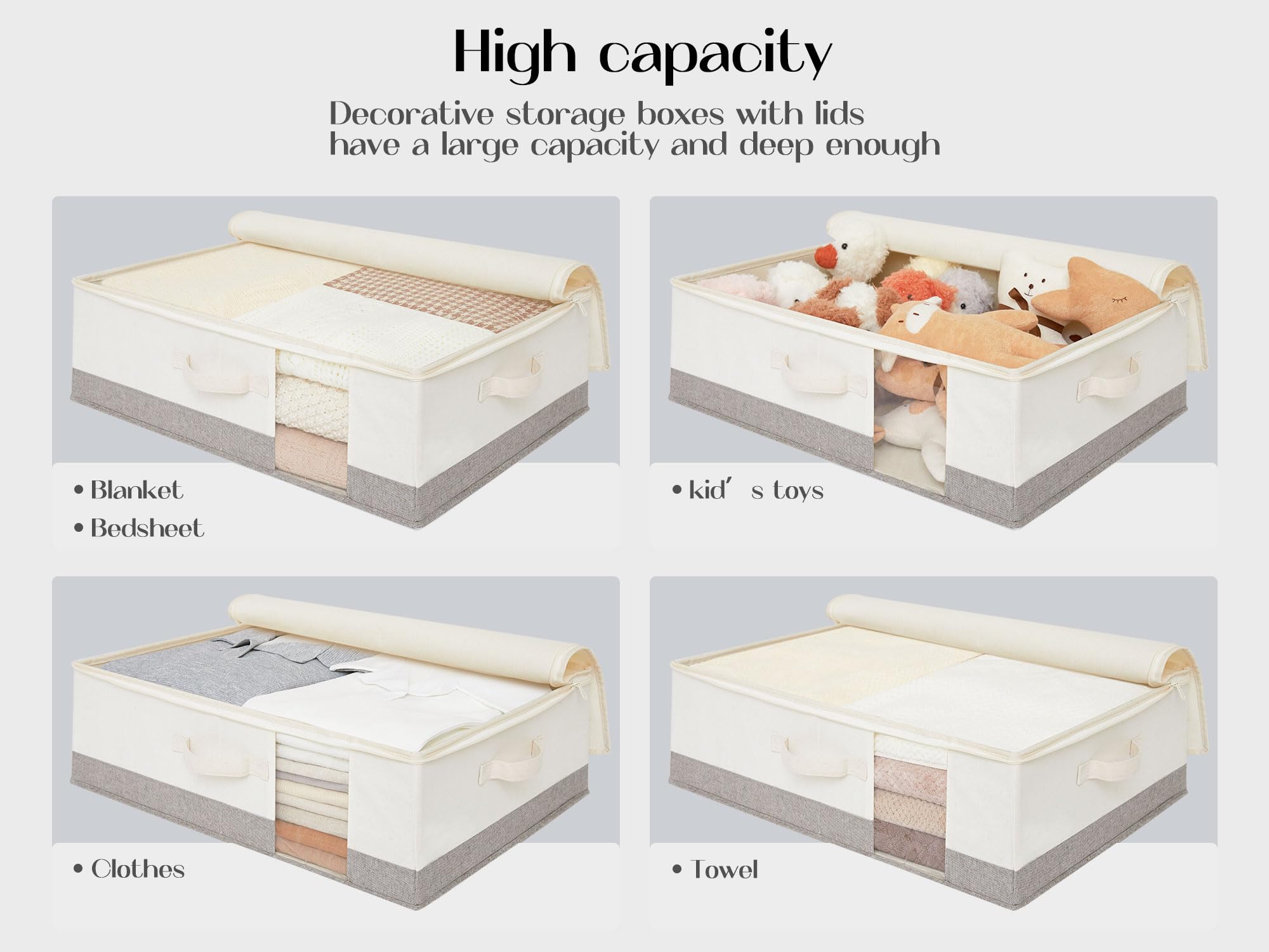 LoforHoney Home Under Bed Storage Containers, Underbed Storage Bins with Clear Window, Under Bed Clothes Storage Box, Foldable Storage Baskets for Organizing, Beige & Gray, 2-Pack, 21.7x16.5x7.1