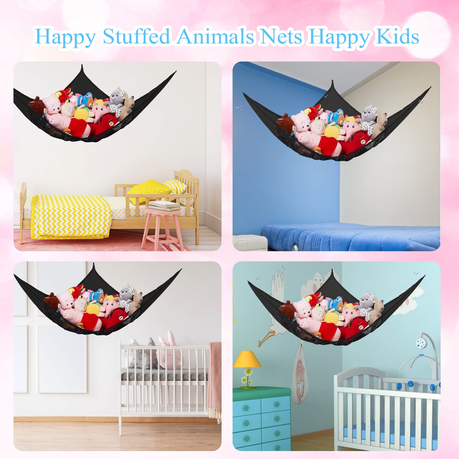 LXUNYI Stuffed Animal Net or Hammock, Toy Hammock, Extra Large Mesh Toy Net Giant Baby Kids Children Stuff animals Hammocks Wall Corner Hanging Storage Net Organizer (Black 2 Pack)
